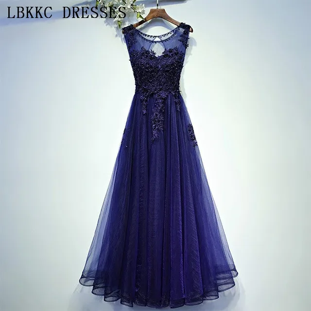 Navy Blue Long Prom Dresses Tulle Gala Jurken Appliques Beading Vestido