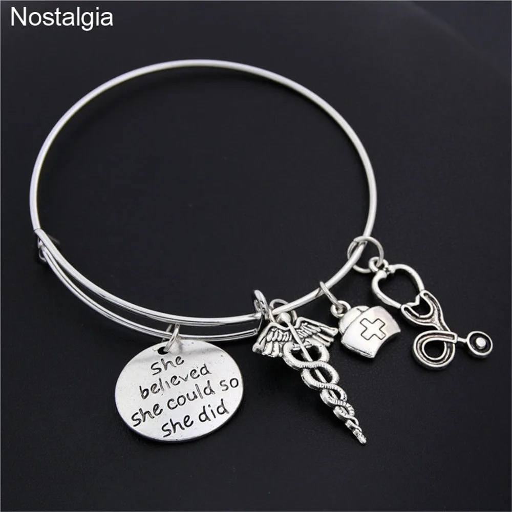 Nostalgia Stainless Steel Expandable Wire Bangle Charms Bracelet Women ...