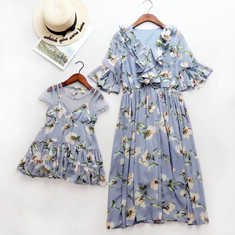 Mama Kids Mother Daughter Princess Dress Wedding Clothes Summer Mesh ...