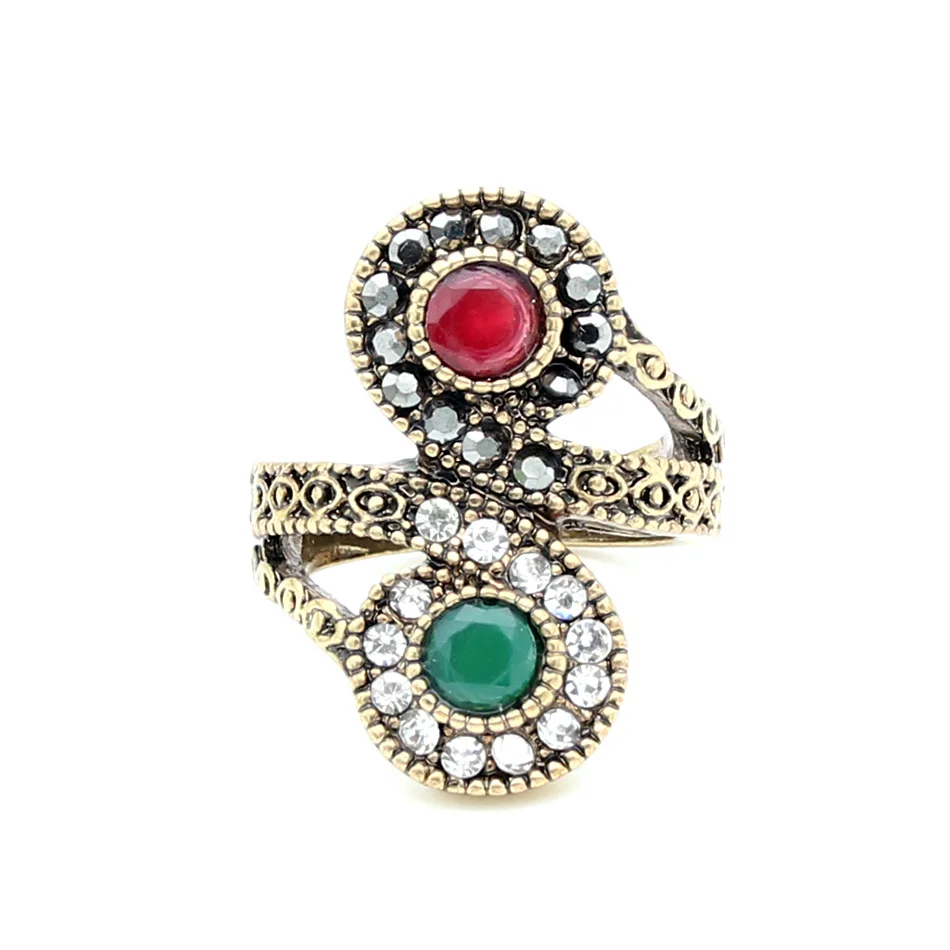New Antique Turkish Ring Retro Gold Color Crystal Hollow Resin Double ...