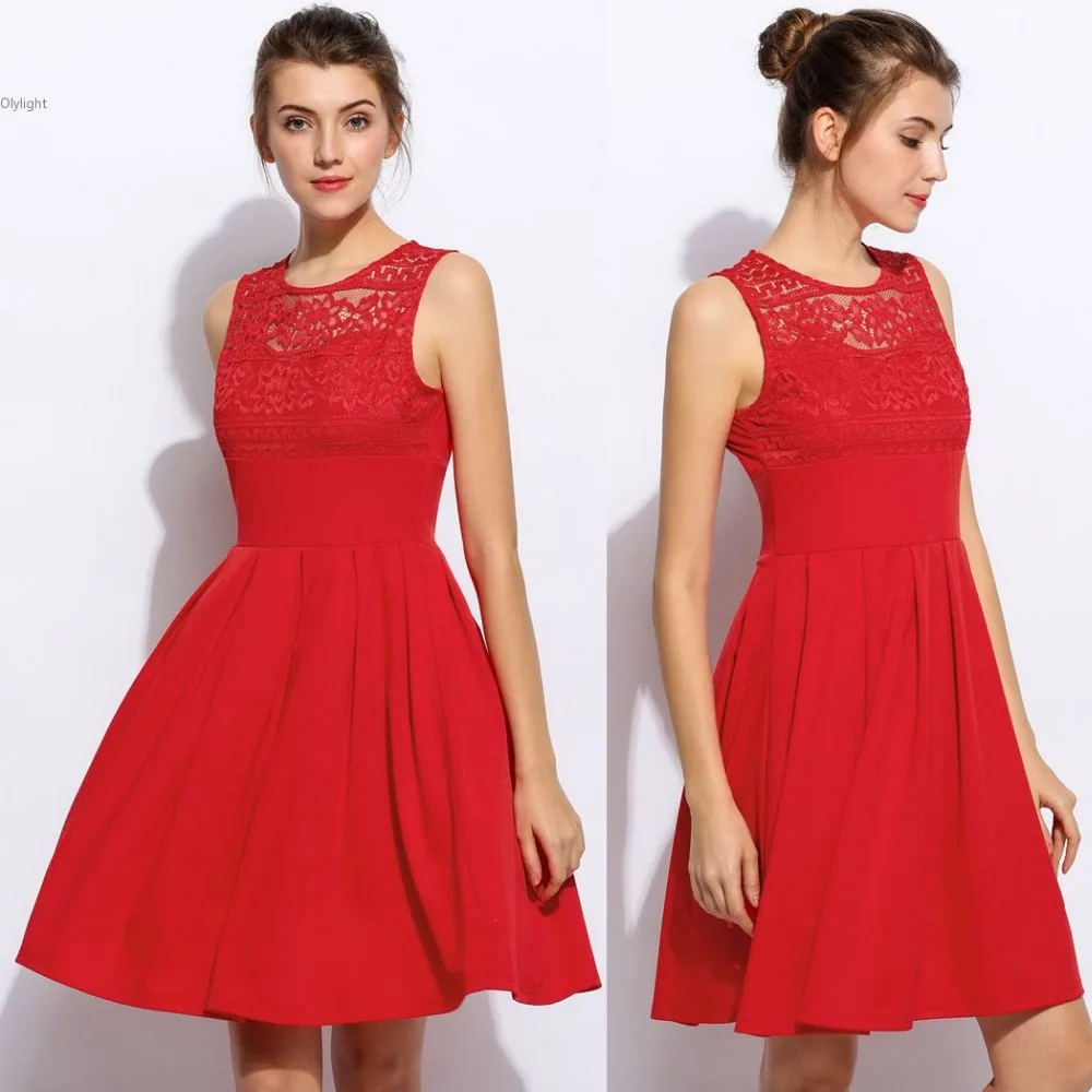 Sexy Hollow Red Lace Dress Women High Waist Sleeveless Dress Elegant Lace Patchwork A Line Swing