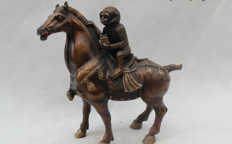7"China Fengshui Bronze Zodiac Year Monkey Ride Horse Ma Shang Feng Hou ...