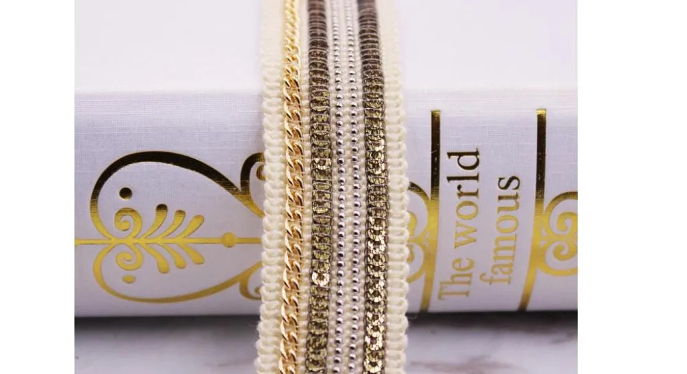 1yard Gold Silver Beaded Chain Lace Trims Ribbon Vintage Fabric ...