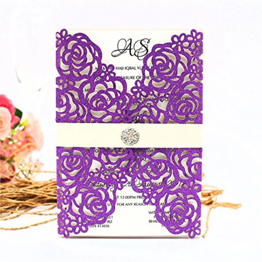 PONATIA 20 PCS Purple Glitter Laser Cut Bling Invitations Card Belt ...