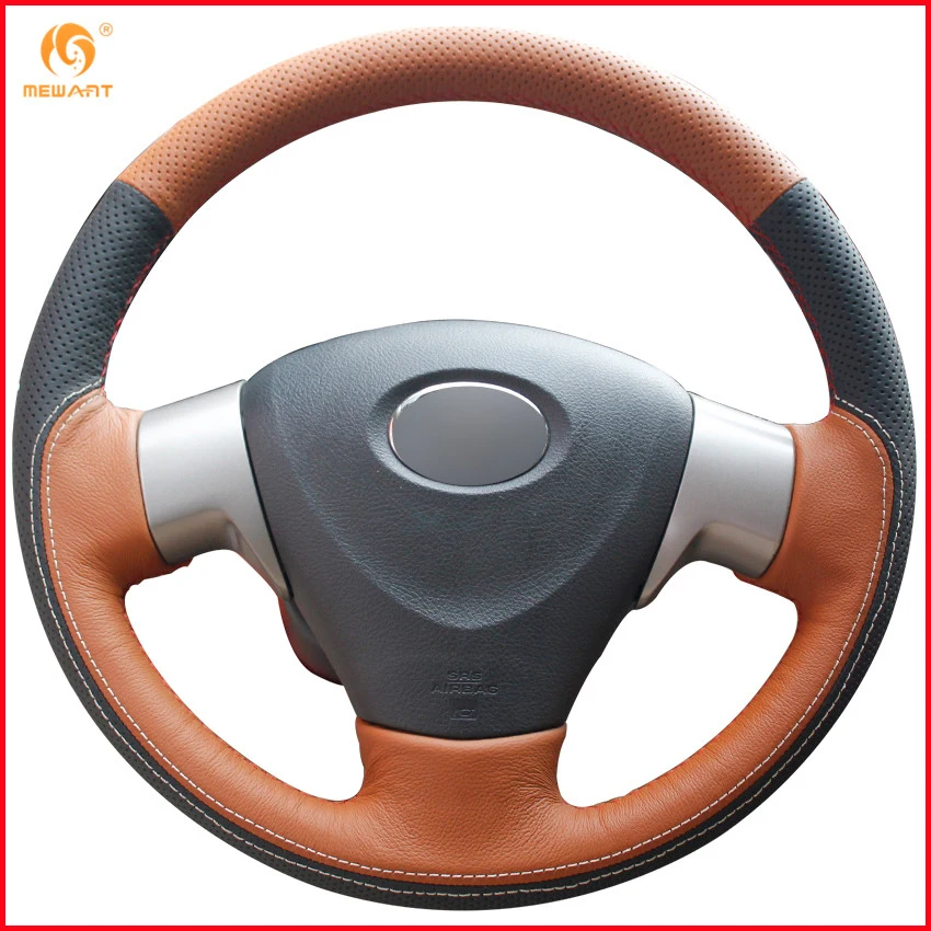 MEWANT Black Brown Genuine Leather Car Steering Wheel Cover for Toyota ...