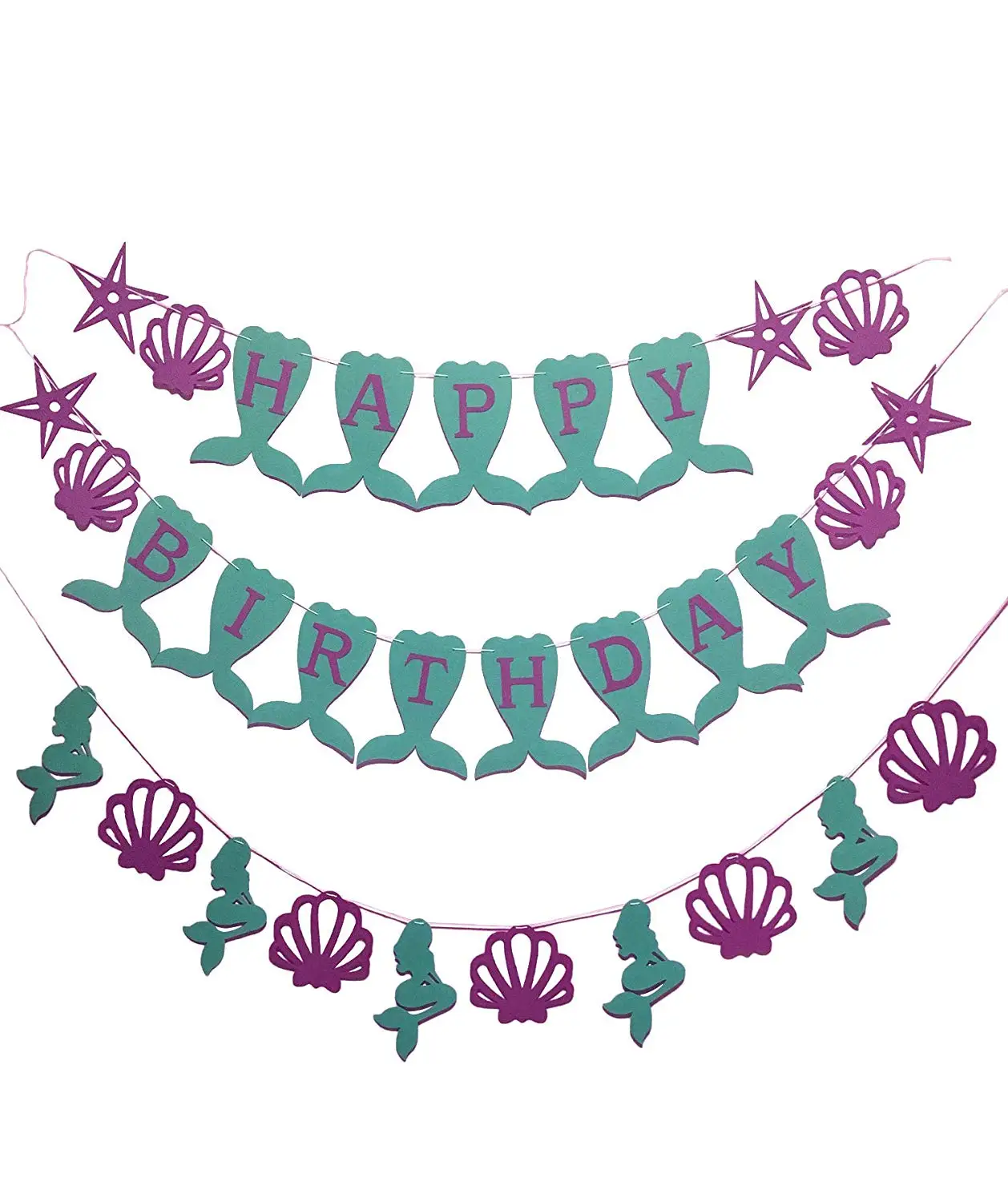 Mermaid Shell Starfish Happy Birthday Bunting Garland Banner for Party ...