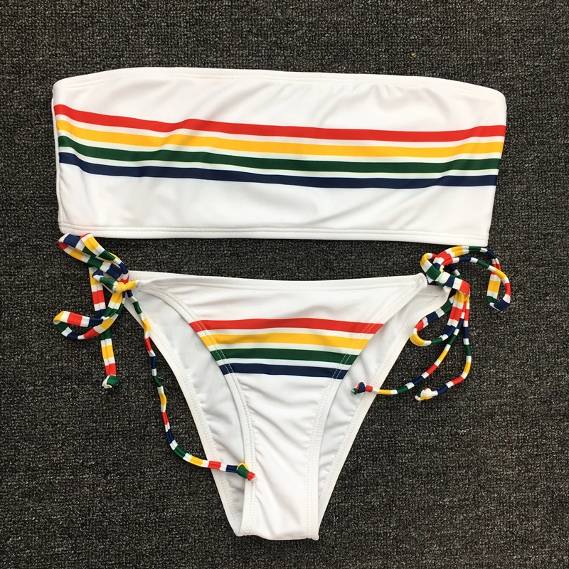 Bandeau Swimsuit For Women Striped Swimwear Female Strapless Cross ...