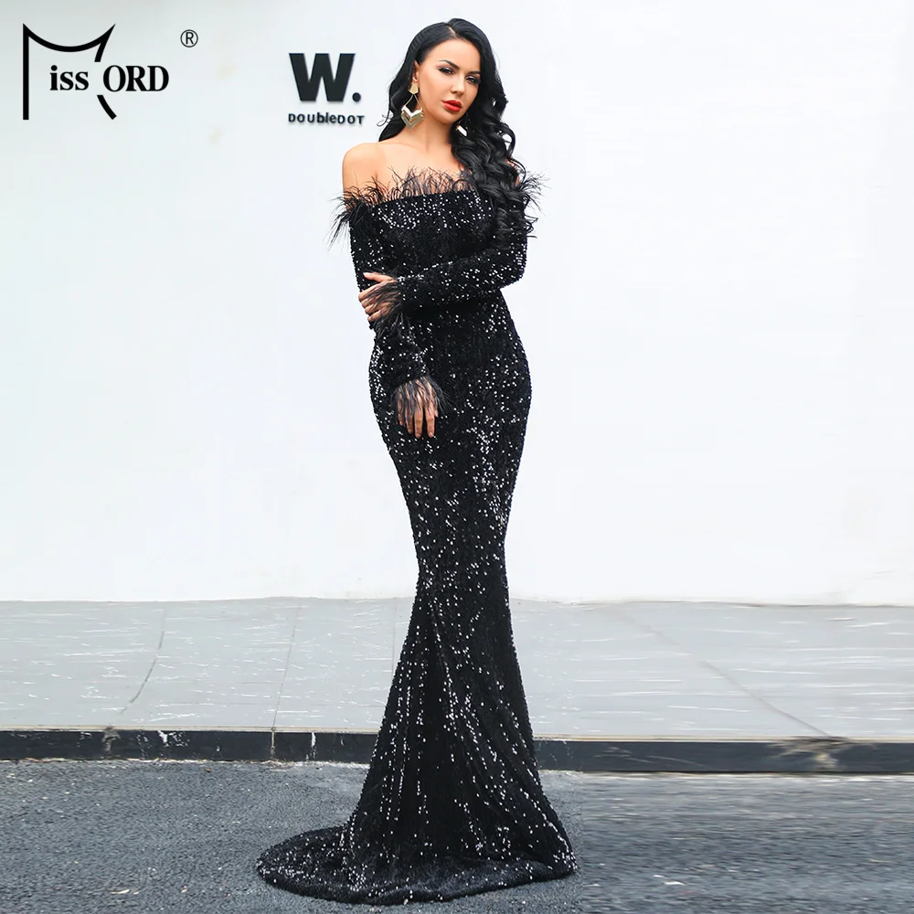 Missord 2019 Sexy Off Shoulder Feather Longsleeve Sequin Floor Length