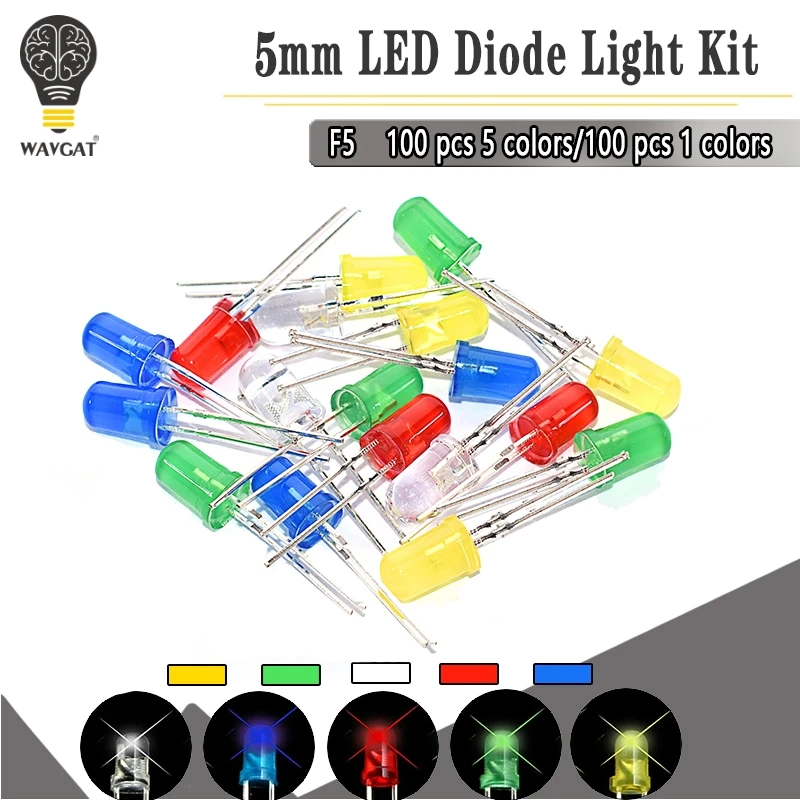 100pcs 5mm F5 Led Diode 5 Mm Light Assorted Kit Green Blue White Yellow ...