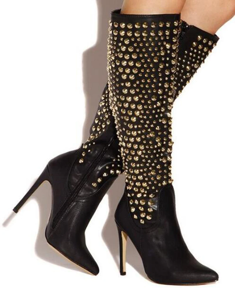 Women Winter Knee High Boots Metal Rivet Pointed Toe Thin High Heels ...