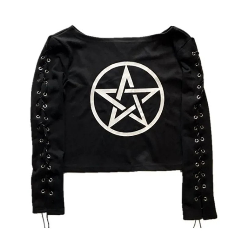 Punk Lace Up Long Sleeve T Shirts Pentagram Print Short Cropped Tops