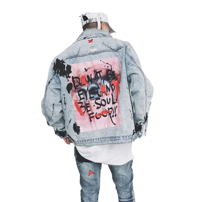 Spring Hip Hop Denim Jacket Men Personality Print Splash Ink Graffiti ...