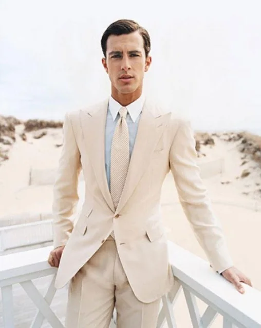 Light Beige Linen Suits Beach Wedding Tuxedos For Men Custom Made Linen