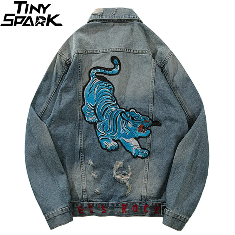 Blue Tiger Embroidery Denim Jacket Distressed Mens Vintage Jacket Jeans ...