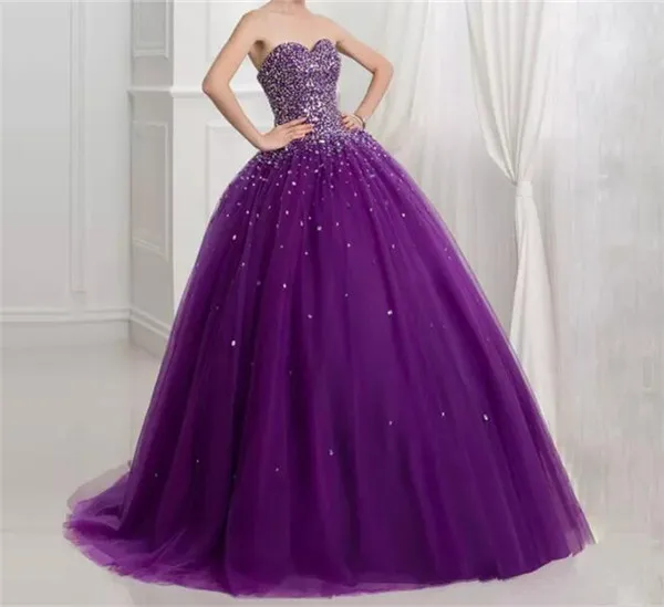 Luxury Purple Girls Dresses Ball Gown Crystal Floor Length Sweetheart ...