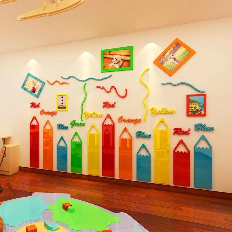 Цветные карандаши Мультяшные 3d акриловые наклейки на стену для детской комнаты гостиной