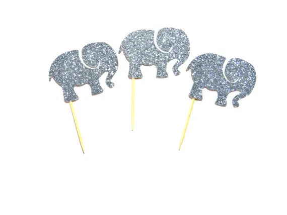 silver Elephants Glitter Cupcake Toppers baby shower birthday cake ...
