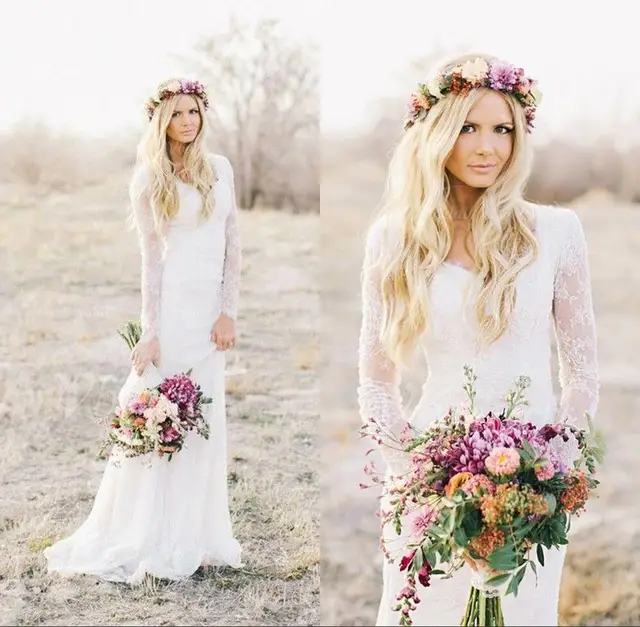 2017 Romantic Boho Lace Cheap Beach Wedding Dresses Long Sleeves