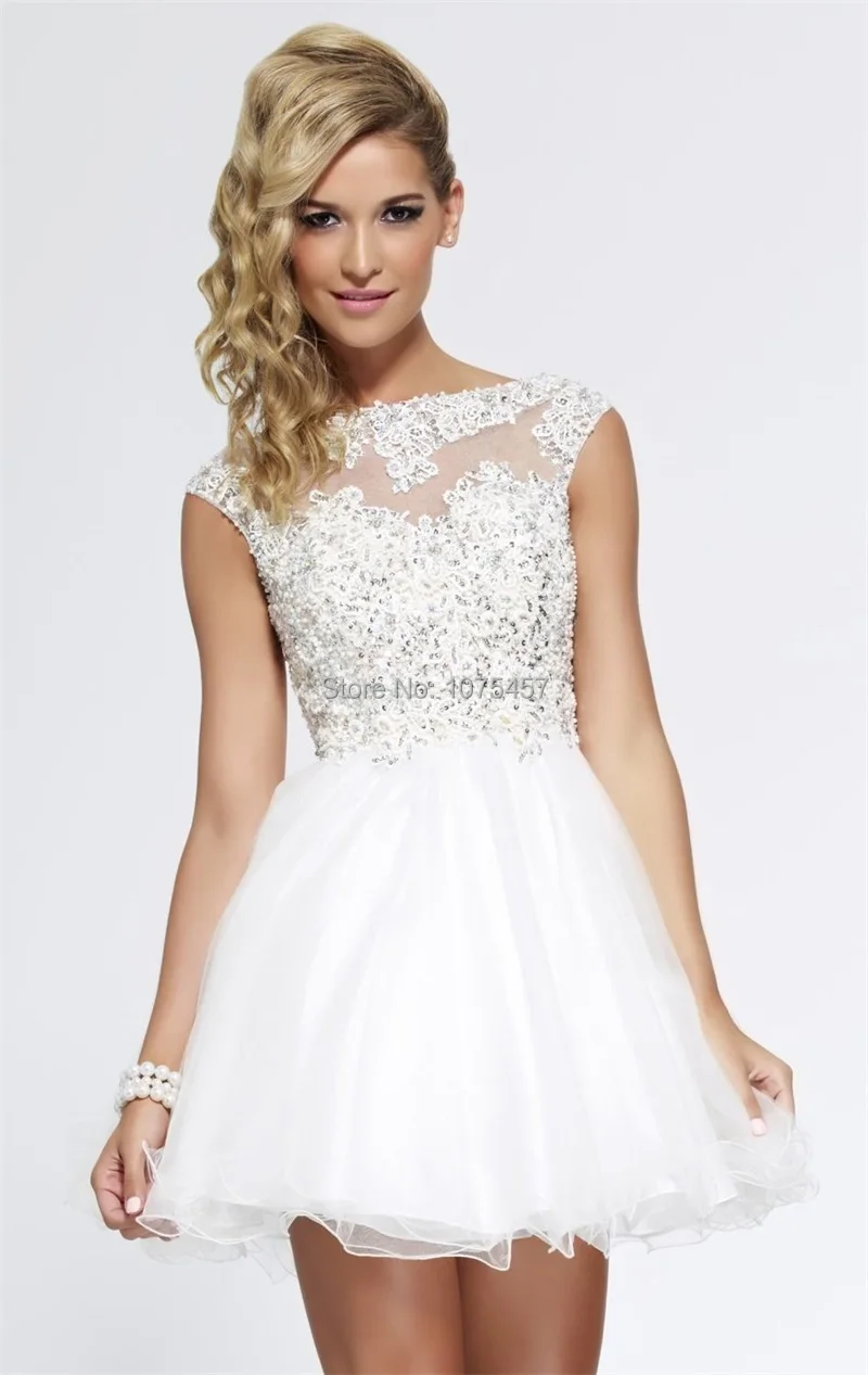 Latest Design White Cocktail Dress Short Sleeve 2015 Lace Beaded Open