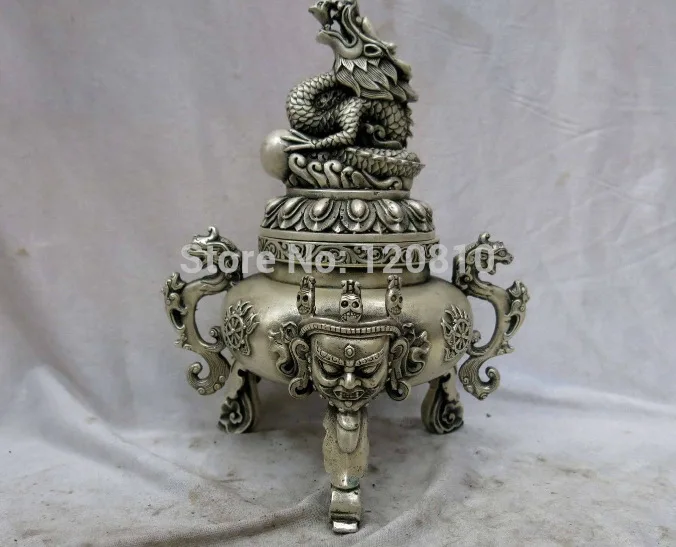 11" China silver carved finely buddha dragon play bead censer incense ...