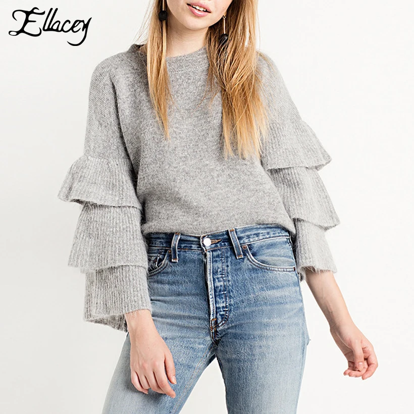New Stylish 2017 Spring Ruffles Women Sweater Flare Sleeve Girls ...