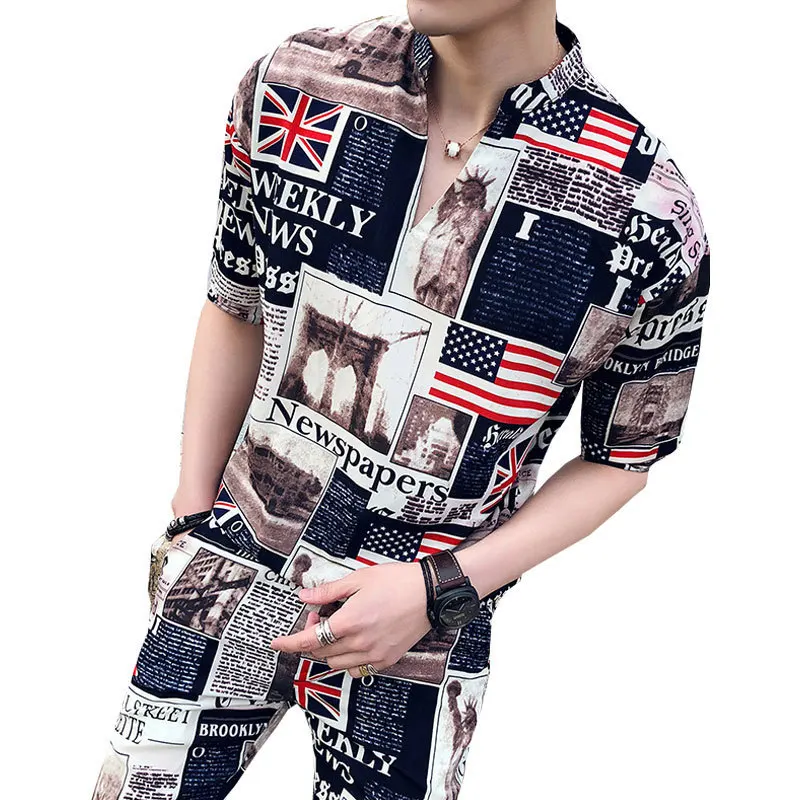 Newspapar Print 2pc Men Suit Set Tunic Collar Shirt + Short Men 2018 ...