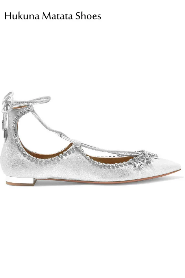 Gorgeous shiny silver flat shoes pointy ballet flats clear rhinestones ...