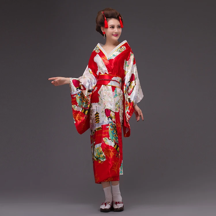 Red new Japanese Women's Silk Satin Kimono Yukata Evening Dress Haori Kimono With Obi Japanese ...