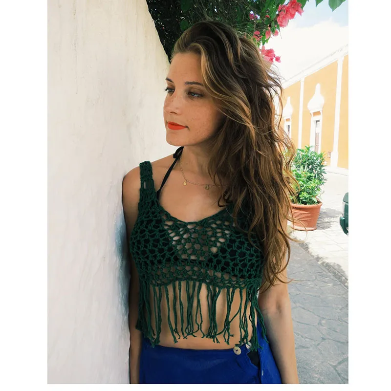 Green Knitting Crochet Women Female Bra Wrapped Chest Two piece ...