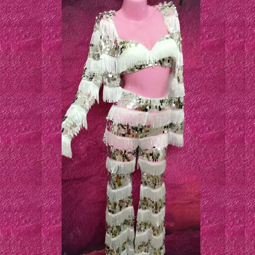White Tassel Bright Sequins Mesh Bra Jack Pants 3 Pieces Set Female ...