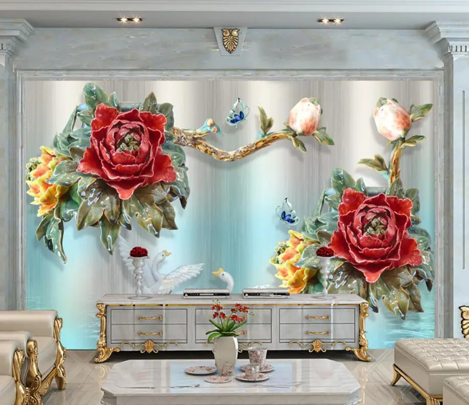 custom 3d wallpaper mural Relief peony TV backdrop 3d photo wallpapers ...