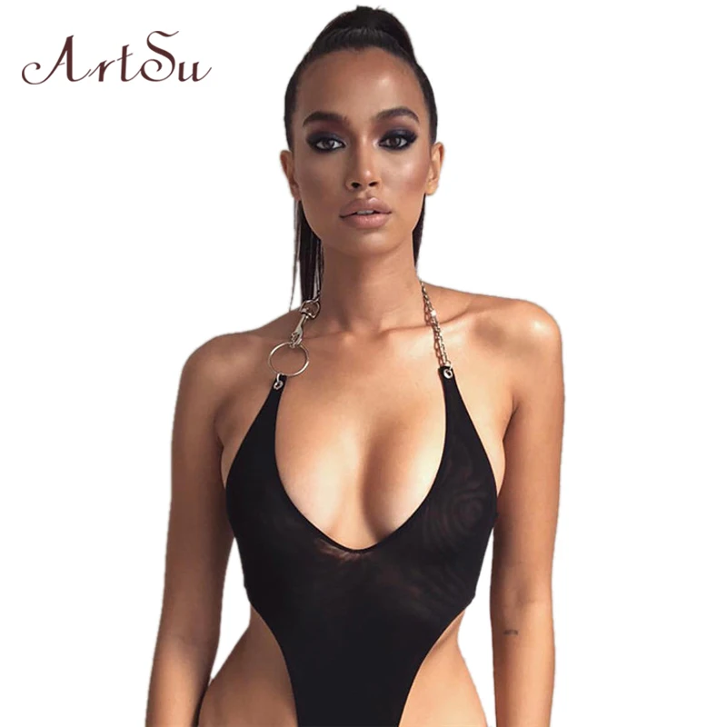 Artsu Women Sexy Bodysuit Thin Mesh Clubwear Chain Backless Black