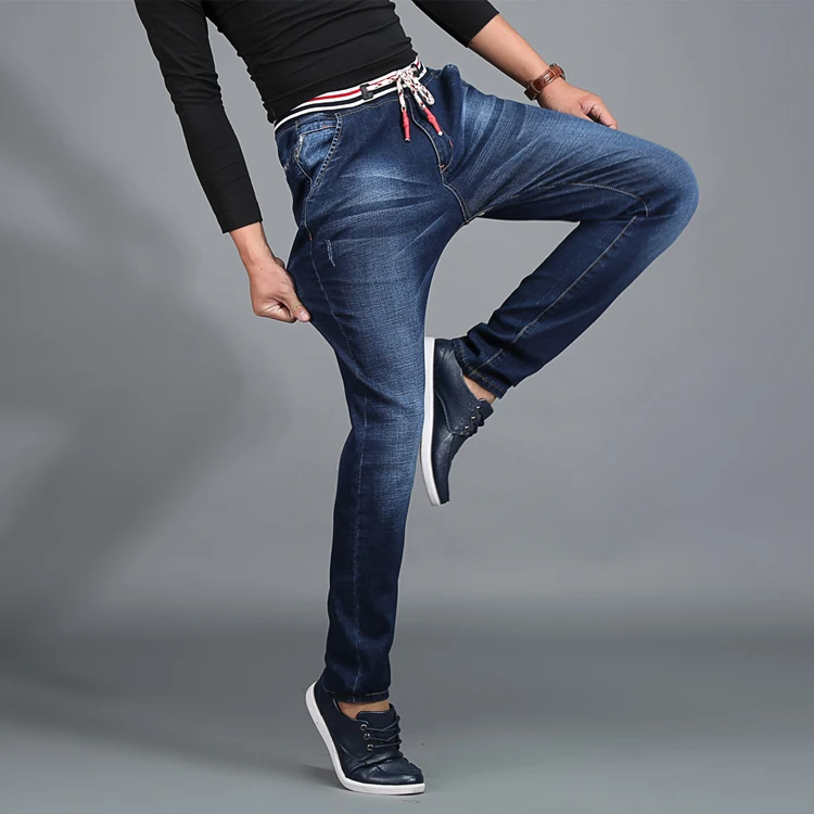 Men Jeans Drawstring Cotton And Spandex Mid Pencil Pants Solid Full Length Stonewashed Elastic