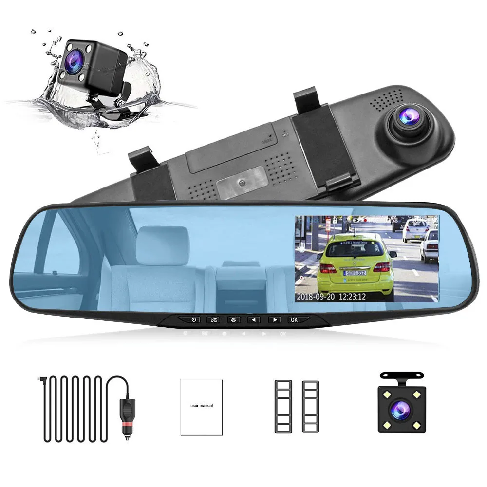 HGDO 4.3" Rear View Camera Dual Lens FHD 1080P Video Recorder Mirror ...