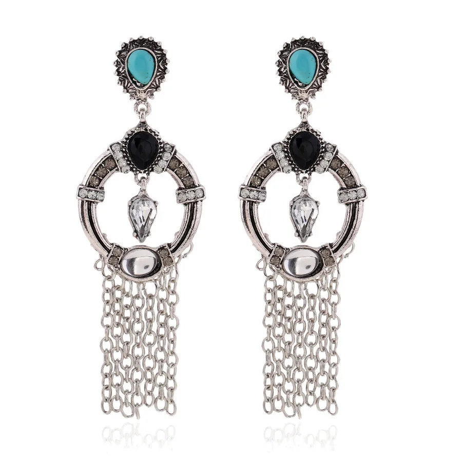 Ethnic Vintage Hanging Rhinestone Drop Earrings Silver Plated Long Big
