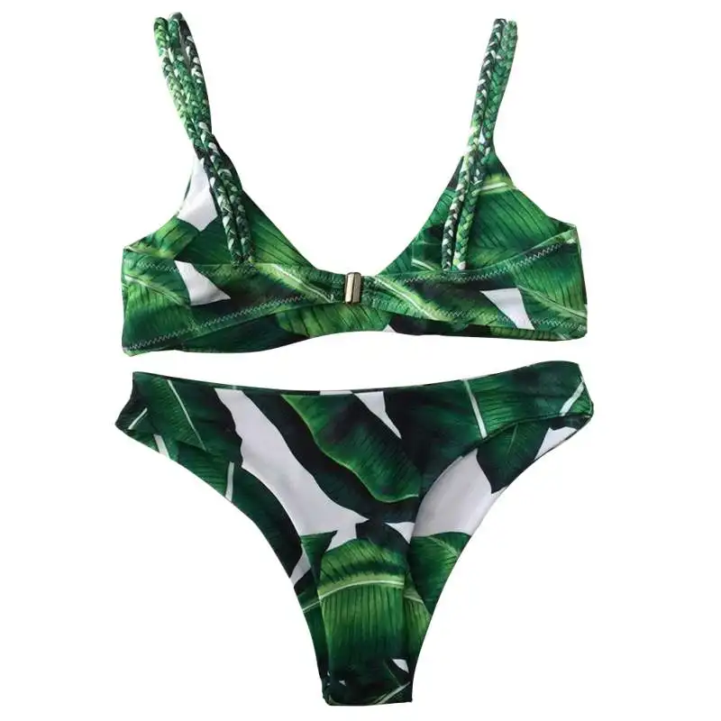 Women Summer Green Printed Push Up Padded Bra Bandage Bikini Set
