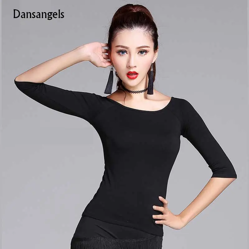Dansangels Summer Black O Neck Sexy Latin Dance Clothes Top For Women