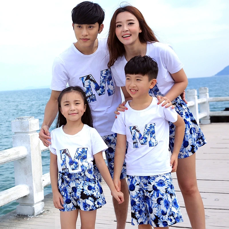 Fashion Summer family matching clothing Blue sunflower girls mother ...