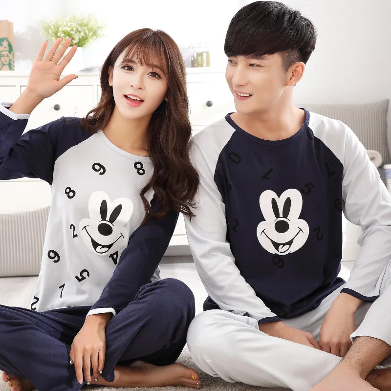 LIN YUN Couple Pajama Set Cotton Cartoon Sleepwear Women Home Clothing ...