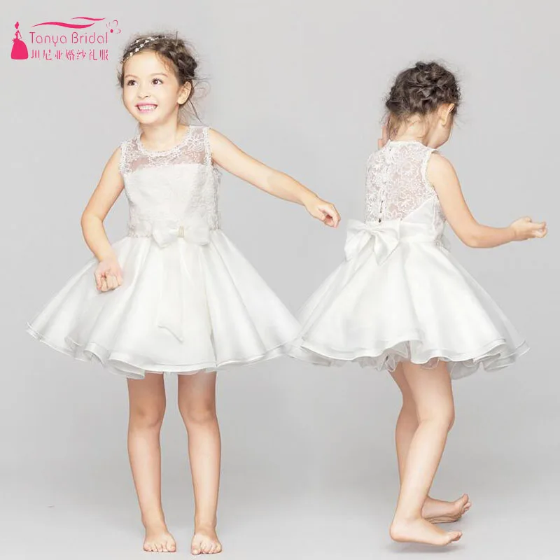 Pure White Flower Girls Dresses Above Knee Lace Pageant Gowns Sheer ...