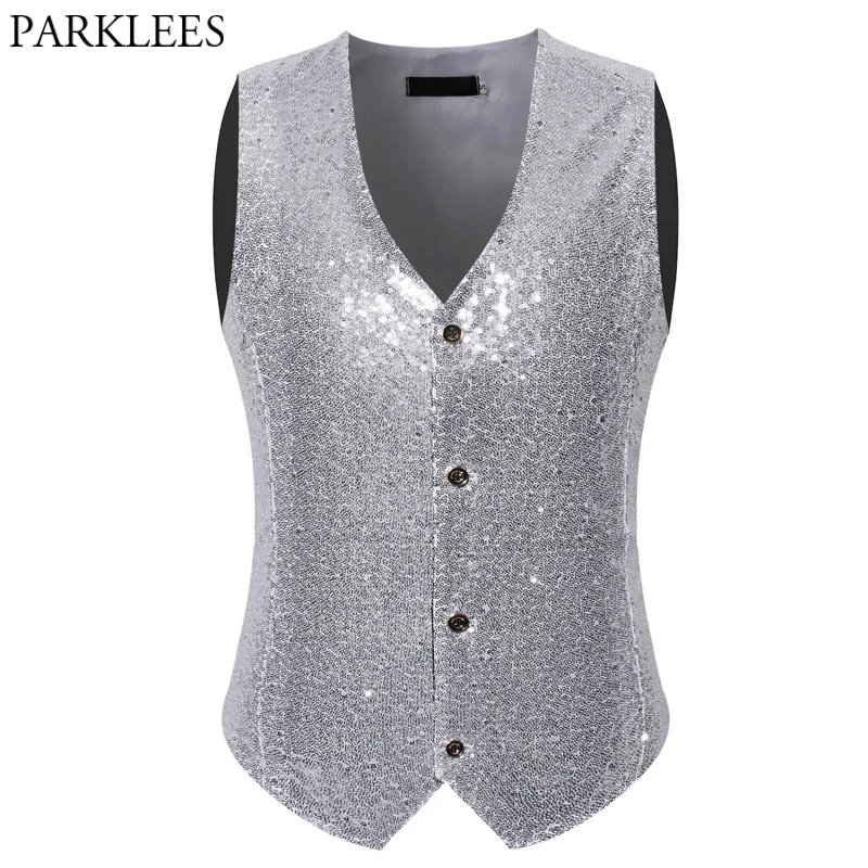 Mens Silver Sequin Vests Casual Hippie Rock V Neck Suit Vest Men ...