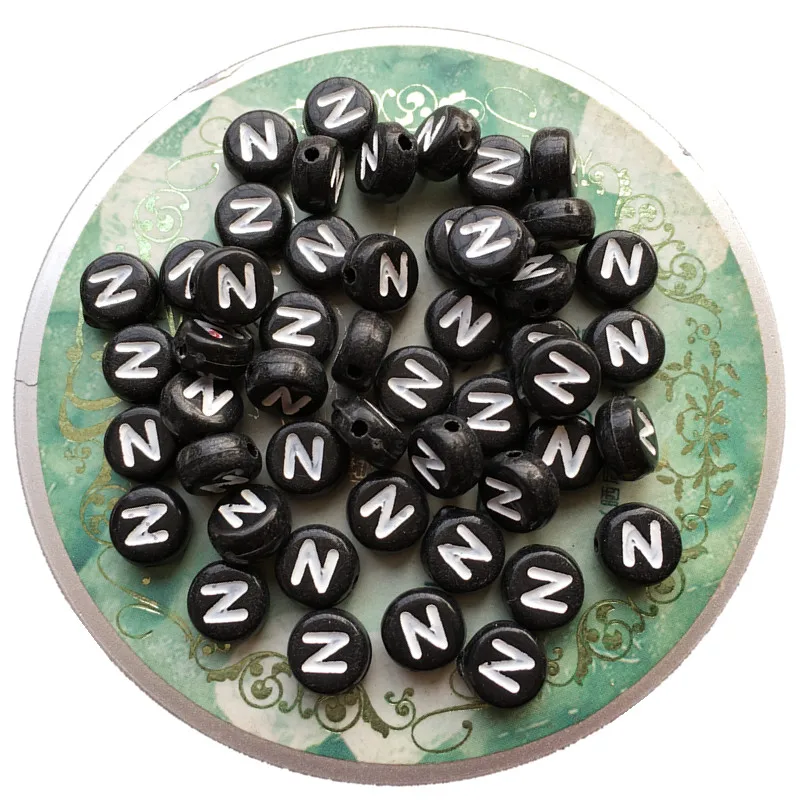 Single Initial N Printed Black Acrylic Letter Beads 4*7MM Flat Coin ...