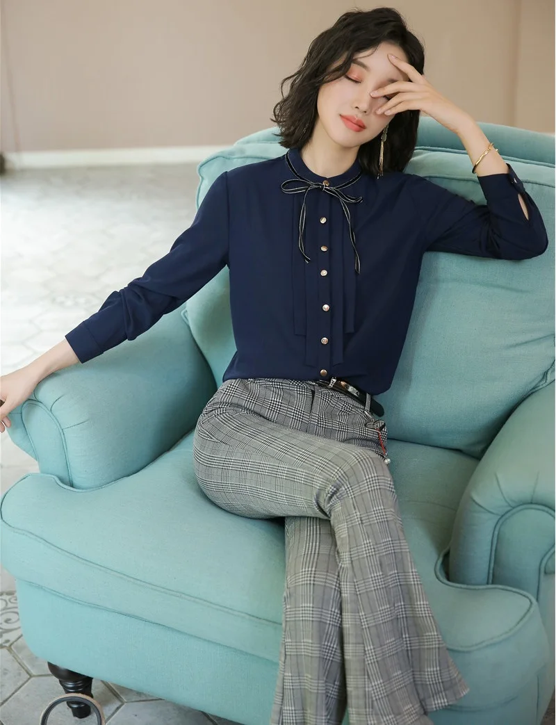 Fashion Ladies Navy Blue Blouses Women Work Wear Suits 2 Piece Pant And