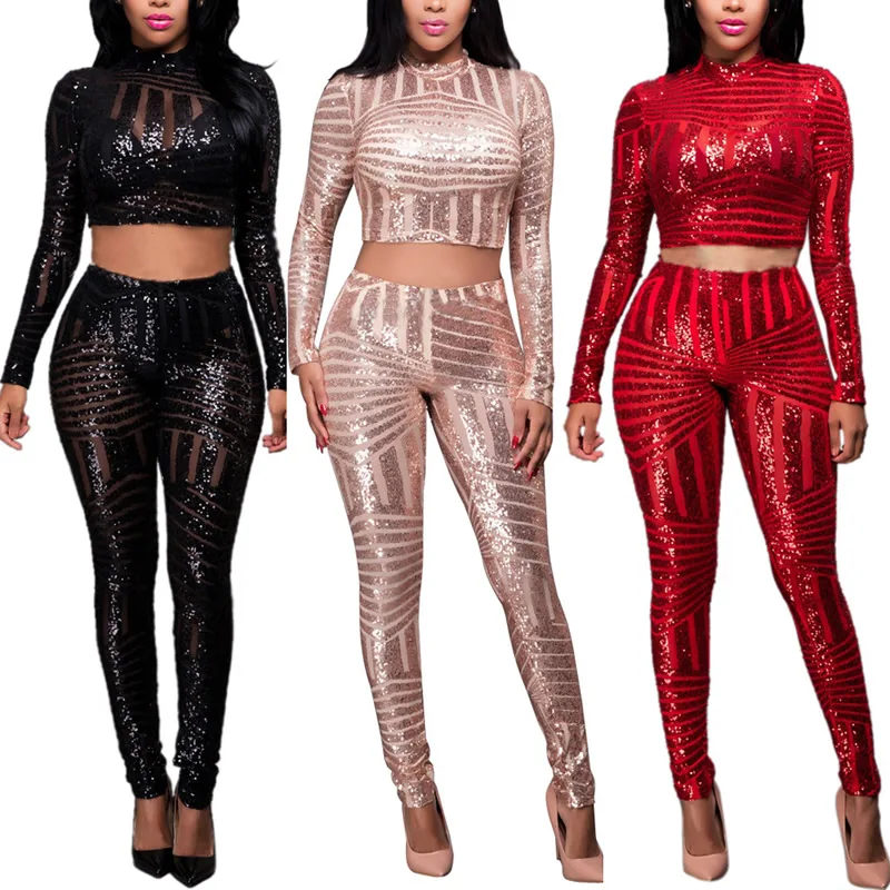 2017 Winter Kits Womens Sequin Crop Top Nightclub Set Pants Top Sexy Mulheres Sexy Black Club