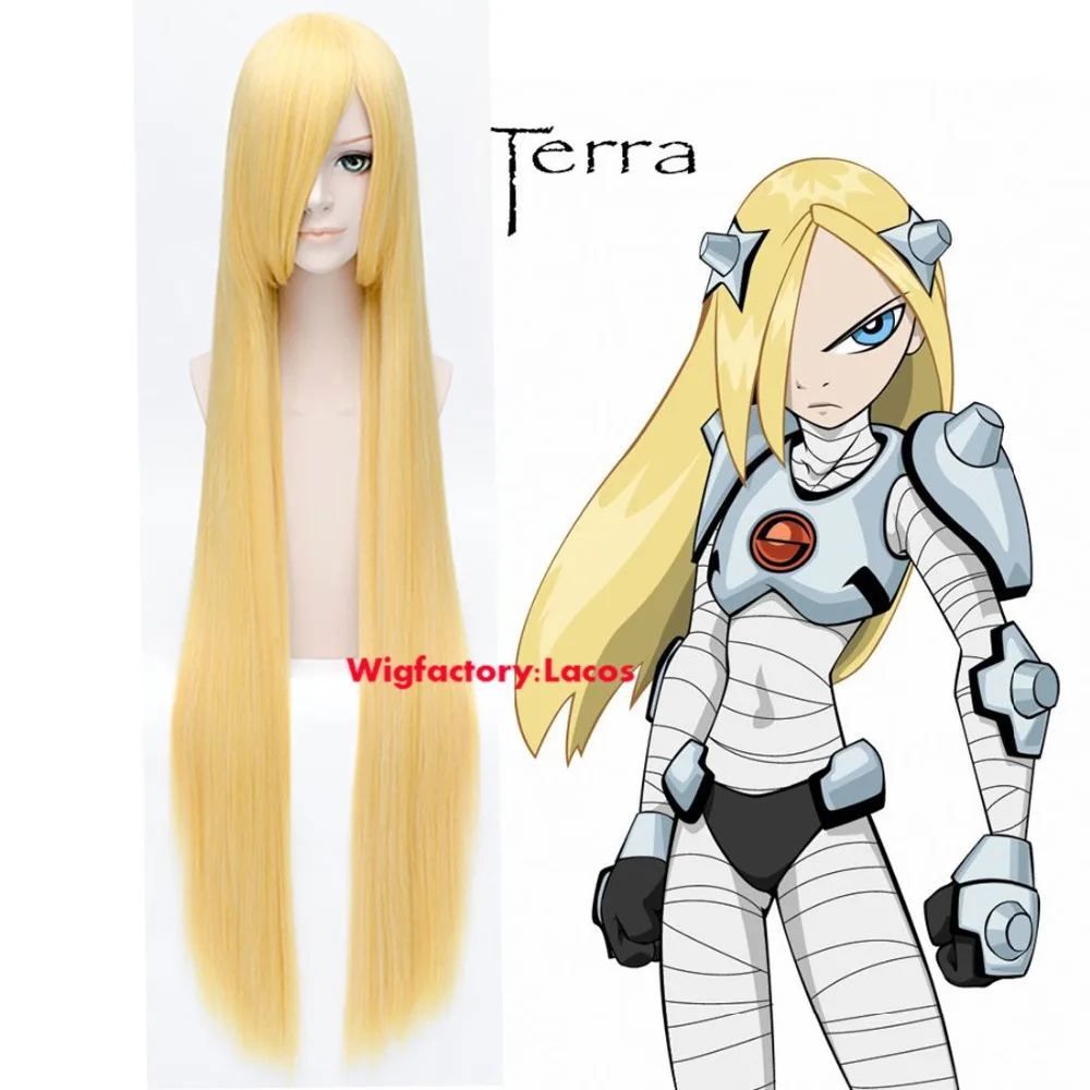 100cm Teen Titans Terra Long Straight Yellow Blonde Anime Cosplay Wigs ...