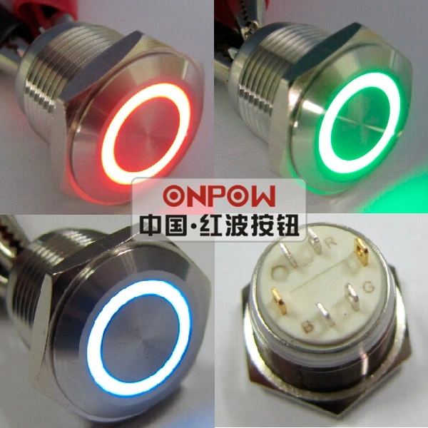 ONPOW 16mm Tri color (RGB) Momentary ring LED illuminated stainless ...