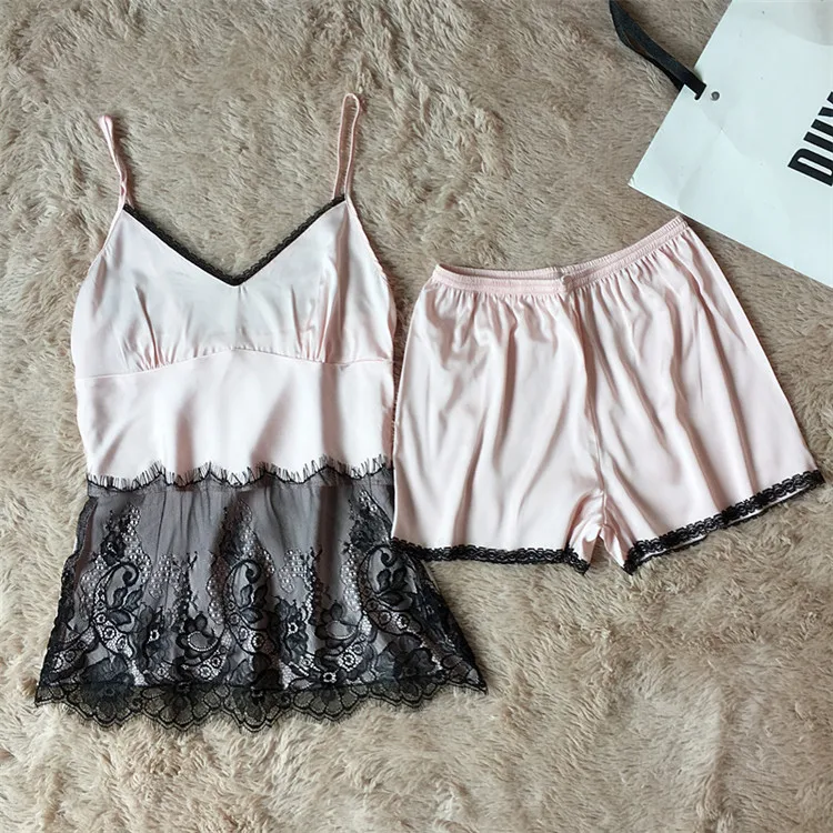 Tinyear Ladies Sexy Silk Satin Pajama Set Lace Pyjama Set Sleeveless ...