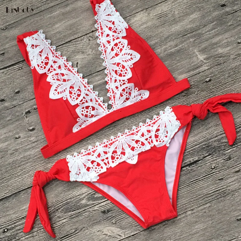 Lace Swim Bikinis Swim Suits Sexy V Neck Top+Lace Low Waist Swimwear ...
