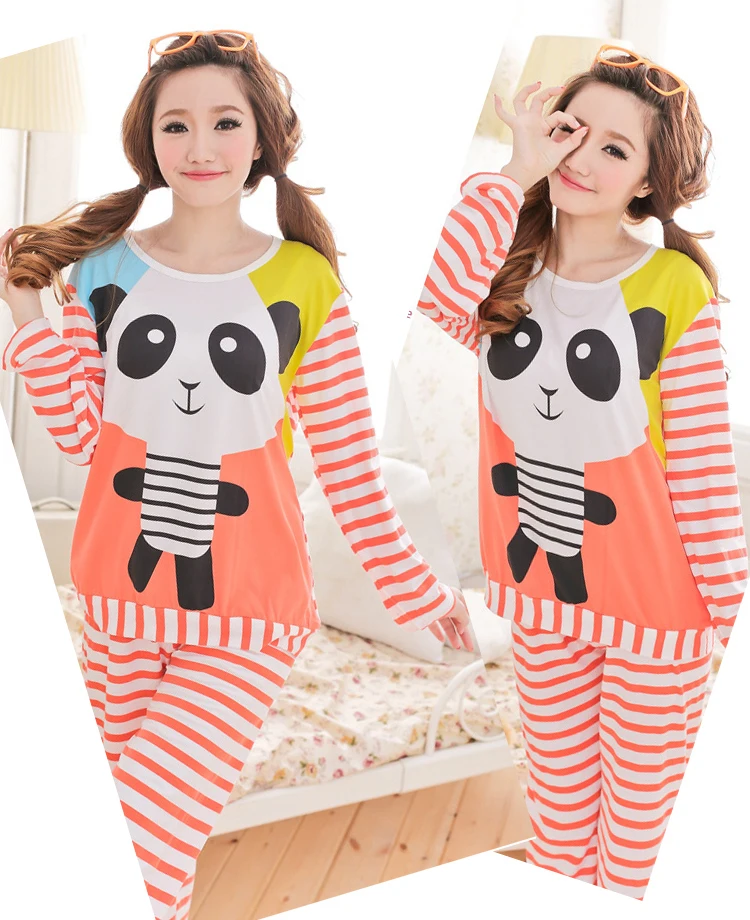 Sweet striped Women cartoon panda pajamas sets tracksuit adults girls ...