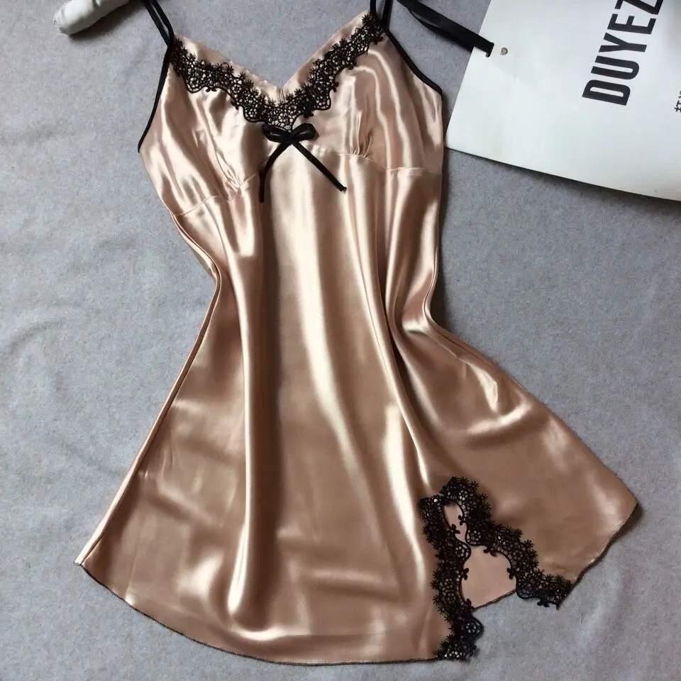 Camison Seda Ladies Sexy Satin Night Dress Lace Women Sleepwear